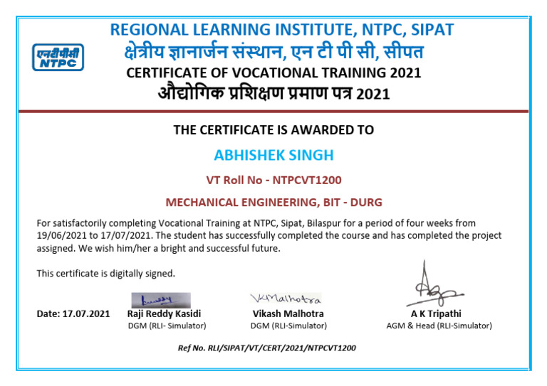 Abhishek Singh Vocational Training Certificate | PDF