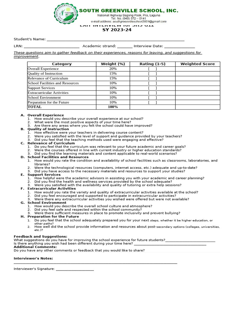EXIT INTERVIEW For SHS G12 | PDF | Curriculum | Teachers