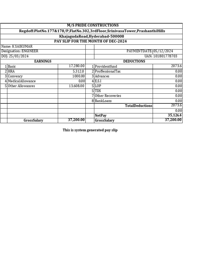 December 2024 Pay Slip for Engineer | PDF