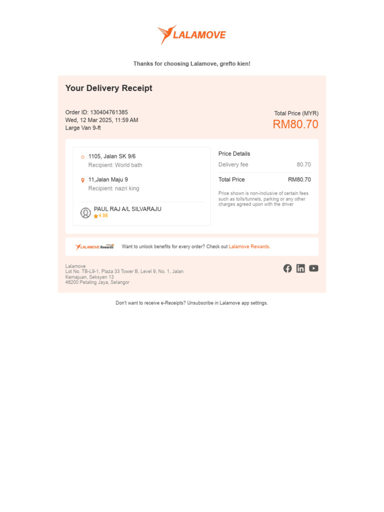 Lalamove E-Receipt Details | PDF