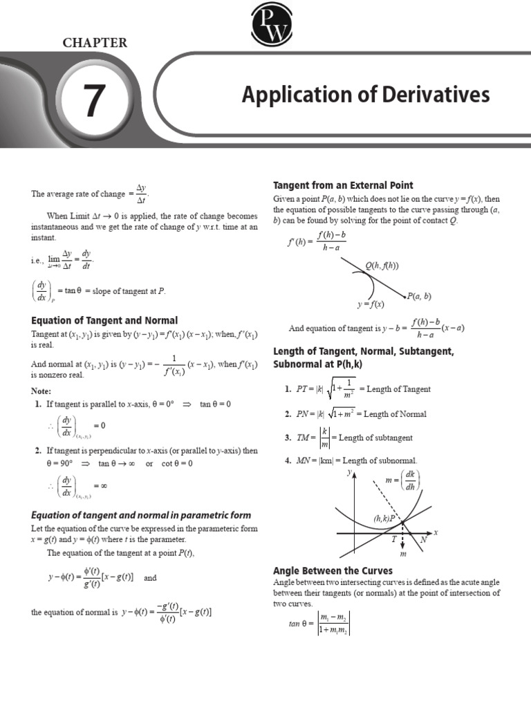 Application of Derivatives Short Notes (Maths) | PDF | Tangent | Equations