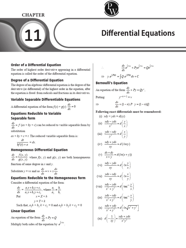 Differential Equations Short Notes (Maths) | PDF | Equations | Algebra