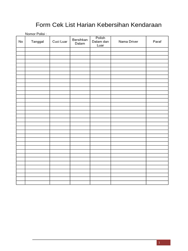 2. Form Cek List Harian Kebersihan Kendaraan | PDF