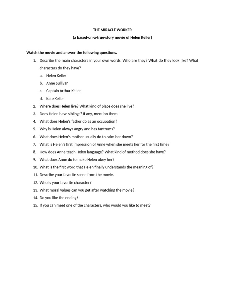 The Miracle Worker Movie Analysis Guide | PDF