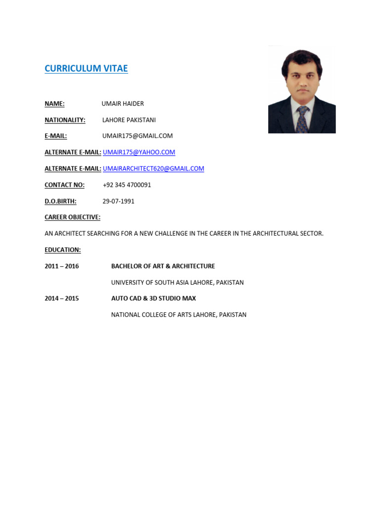 Architect Umair Haider's CV | PDF | Pakistan | Lahore