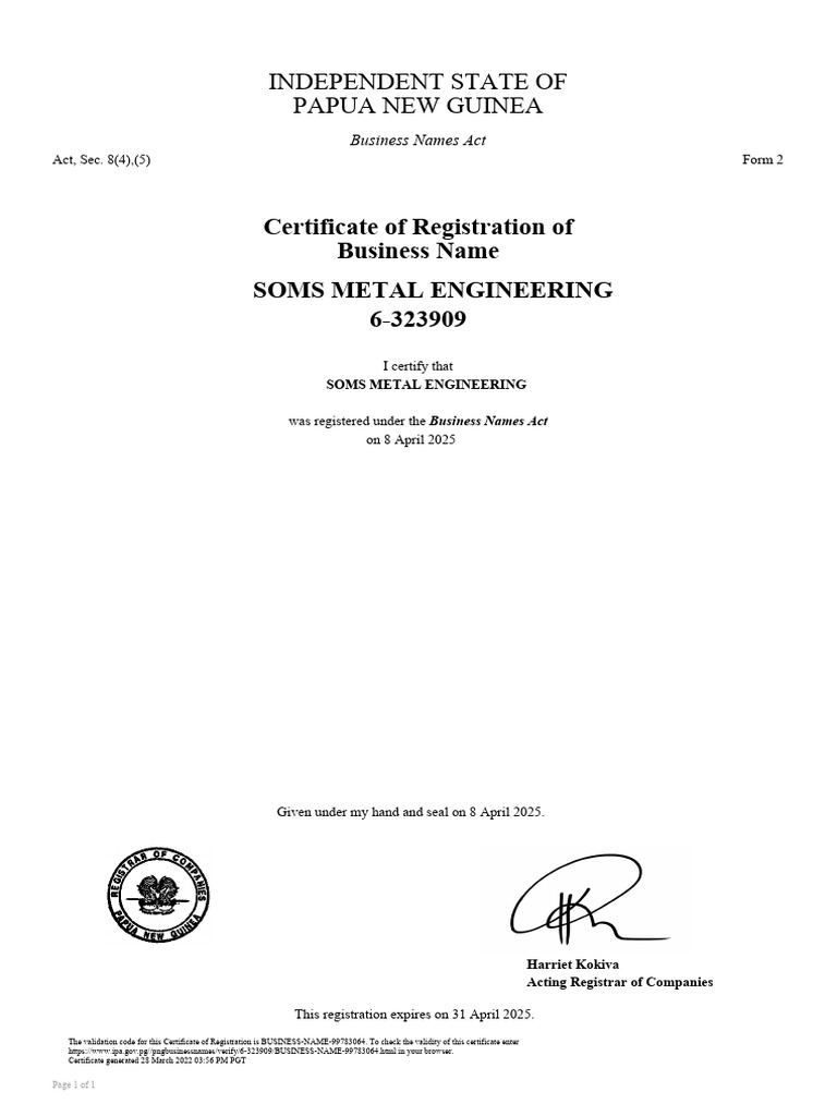 Certificateofregistration Soms Metal Engineering 6 323909 | PDF