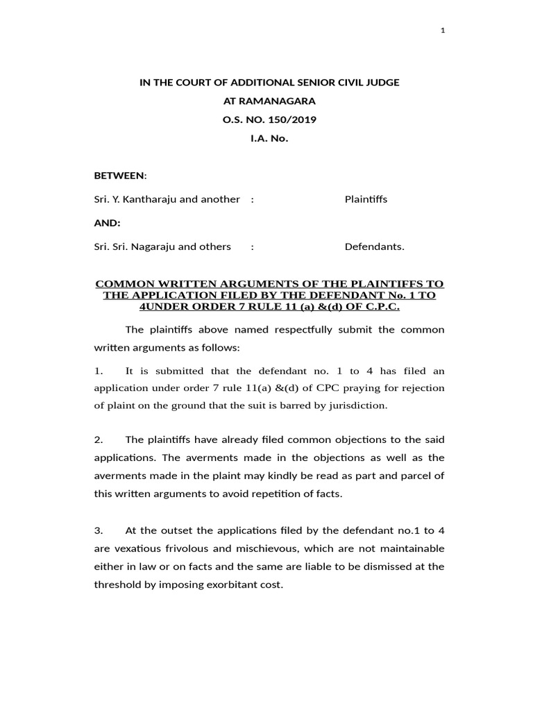 Written Argument O.S No. 150-2019 | PDF | Lawsuit | Federal Rules Of Civil Procedure