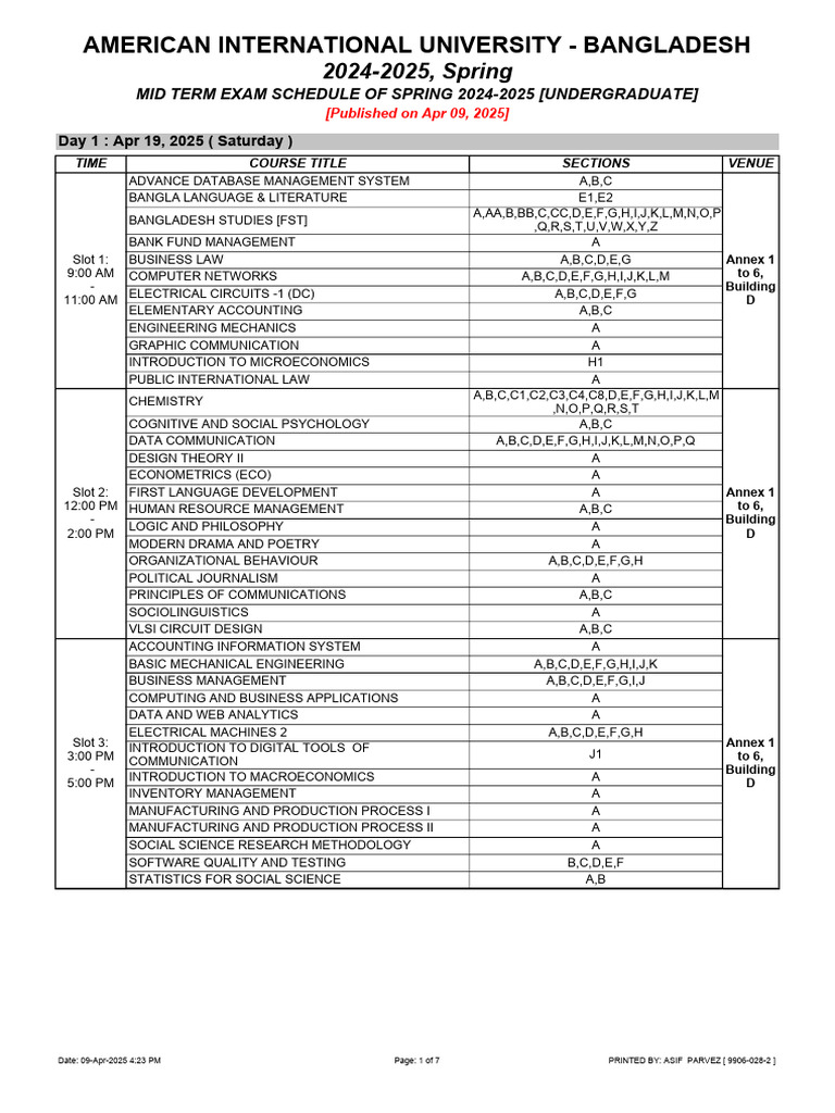 Mid Term Exam Schedule of Spring 2024 2025 (Undergraduate) - (Apr - 09) | PDF | Social Sciences ...
