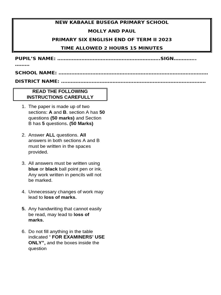 Primary Six English Exam 2023 | PDF