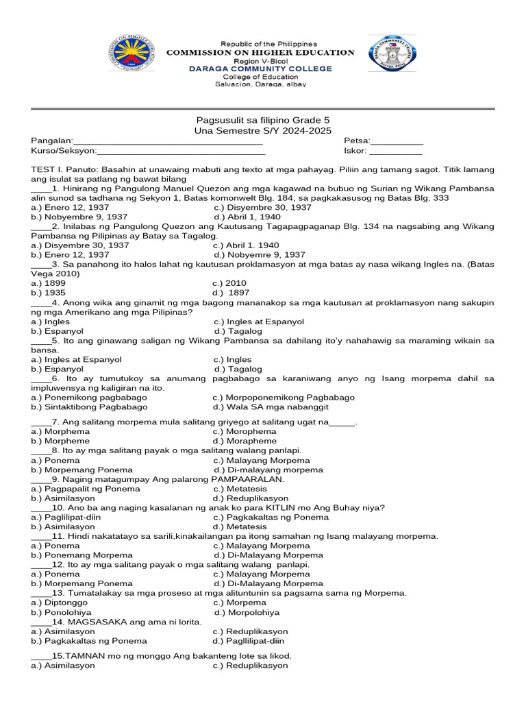 Pagsusulit NG Group 2 Sa Filipino | PDF
