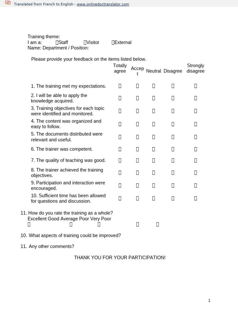 French Training Feed Back Form - Fr.en | PDF