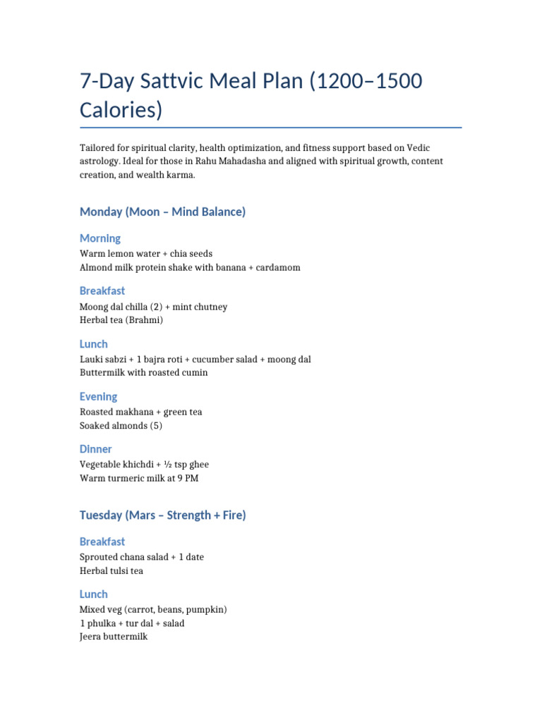 Sattvic 7 Day Meal Plan | PDF