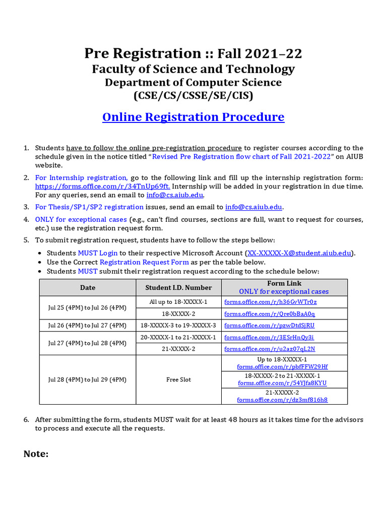 Pre Registration Instructions and Guidelines - FST | PDF