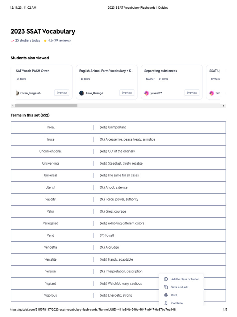2023 SSAT Vocabulary Flashcards - Quizlet | PDF