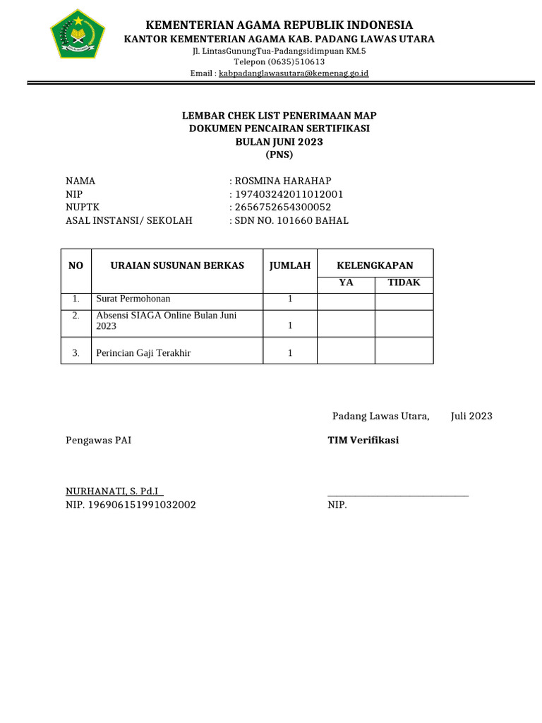 Lembar Cheklist Penerimaan Map Dokumen Rosmina | PDF