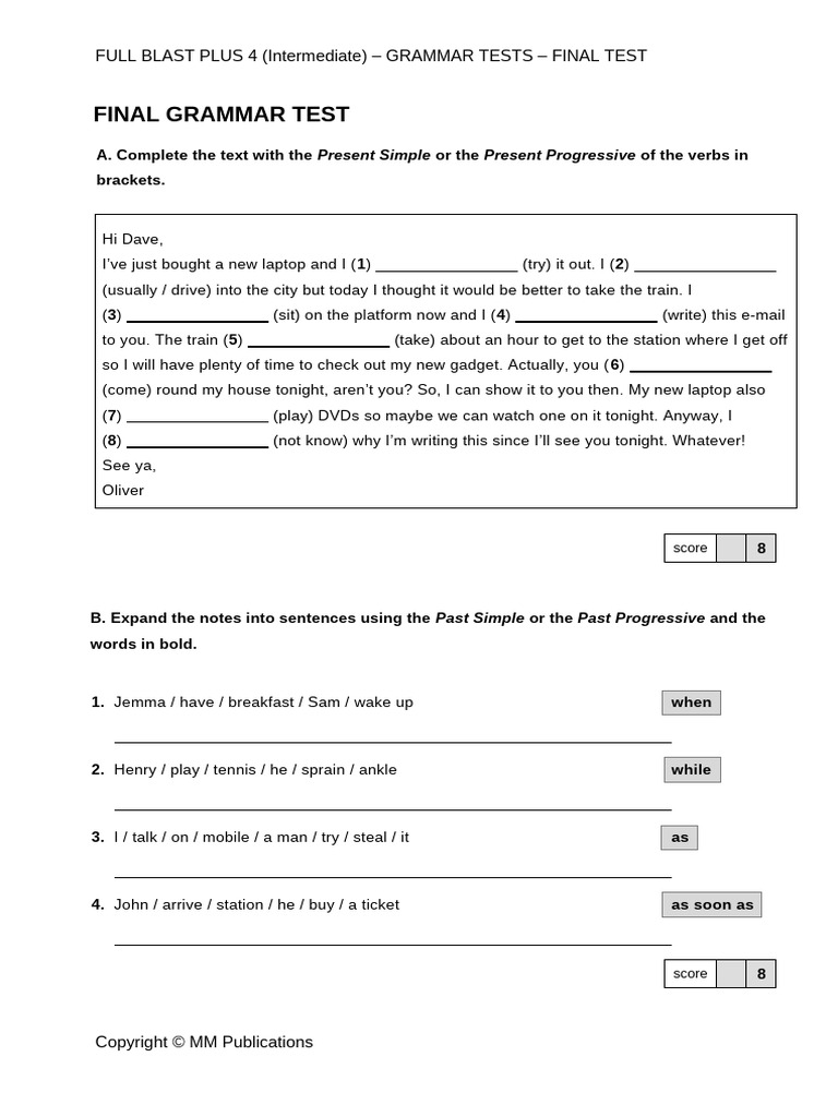 Full Blast PLUS 4 (Intermediate) - Final Grammar Test | PDF ...
