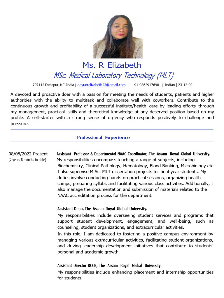 Ms. R Elizabeth 2025 Resume | PDF | Elisa | Polymerase Chain Reaction