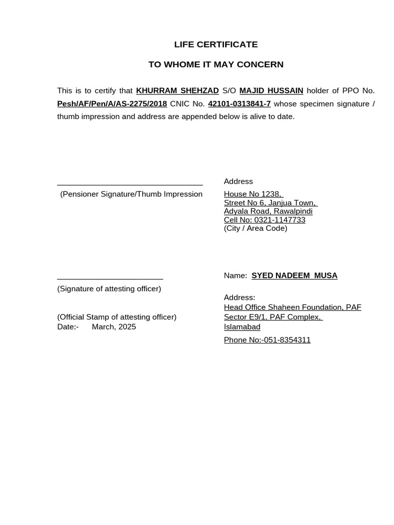 Life Certificate KHURRAM | PDF