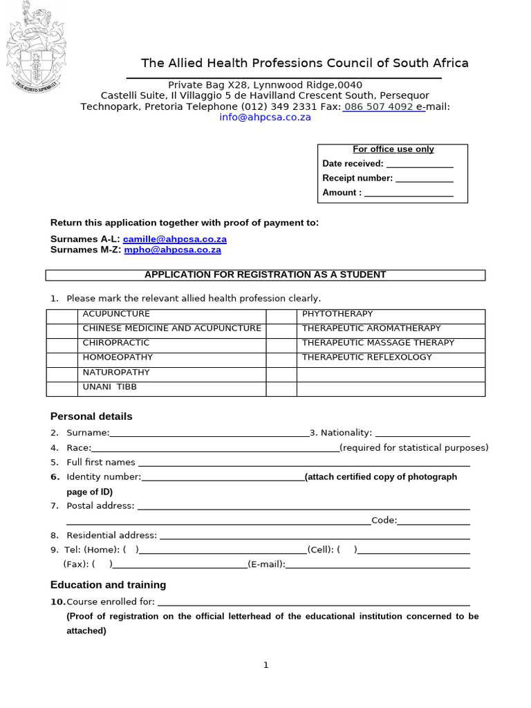 AHPCSA Student Registration Form | PDF