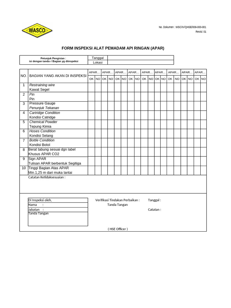 Form Inspeksi APAR Ringan | PDF