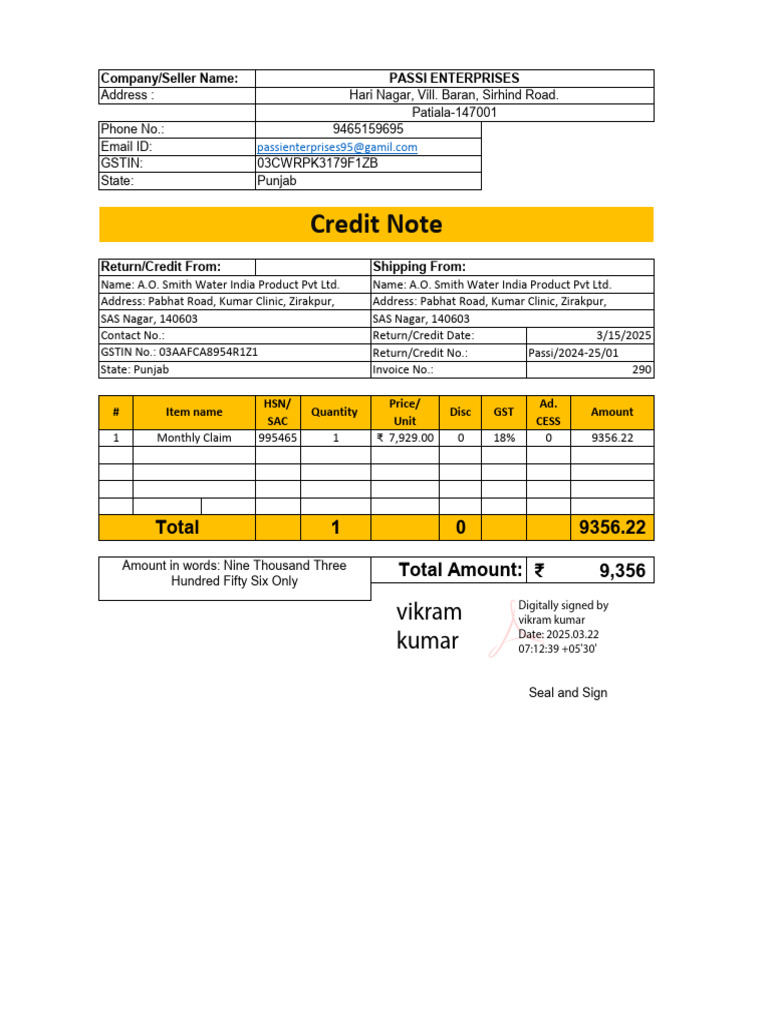 Passi Entt. Credit Note | PDF