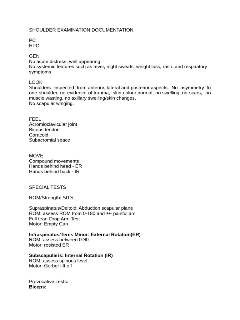 Shoulder Examination Documentation | PDF