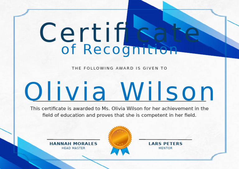 Blue and White Modern Bordered Recognition Certificate | PDF