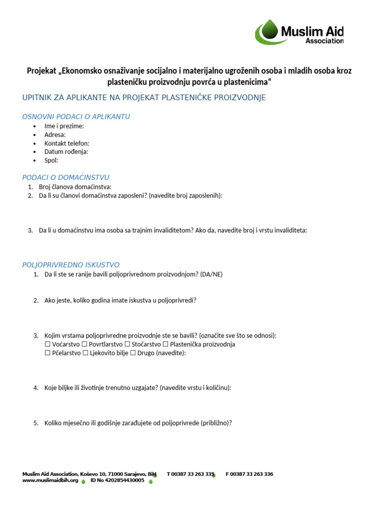 4.5. Upitnik Za Aplikante - Plastenička Proizvodnja | PDF