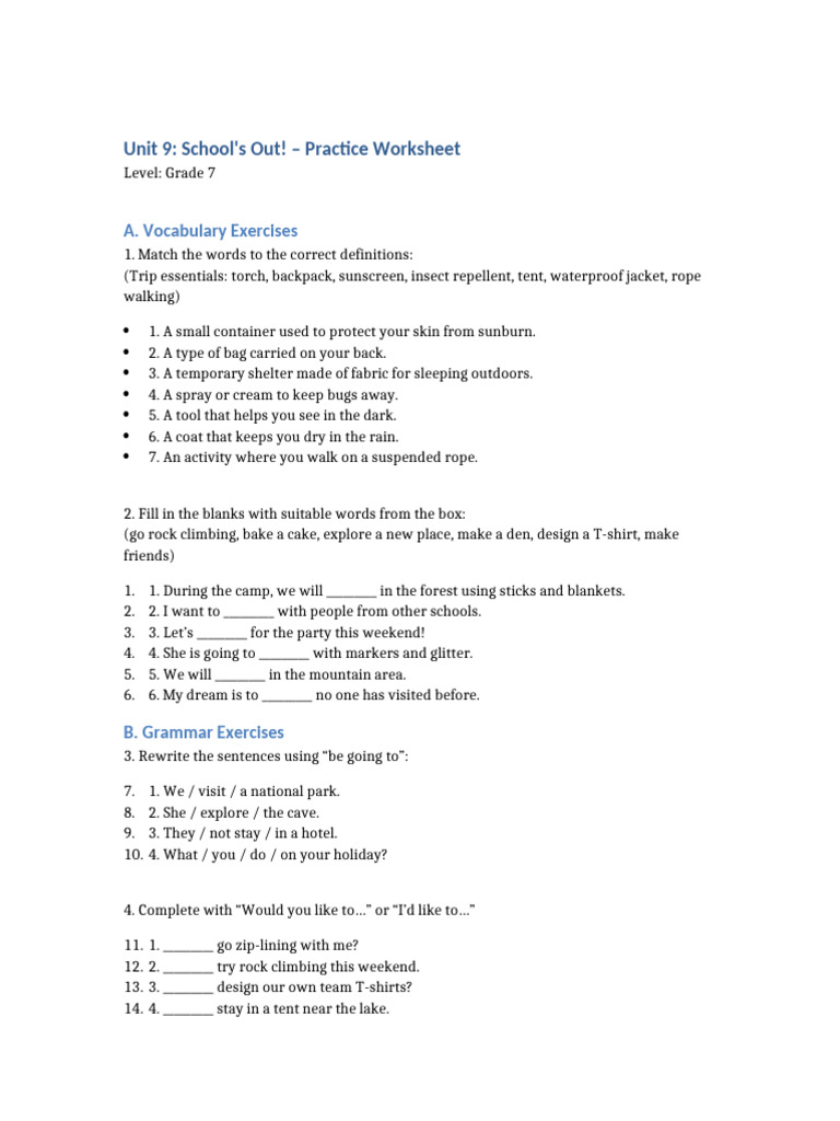 Unit 9 Schools Out Practice Worksheet Grade7 | PDF