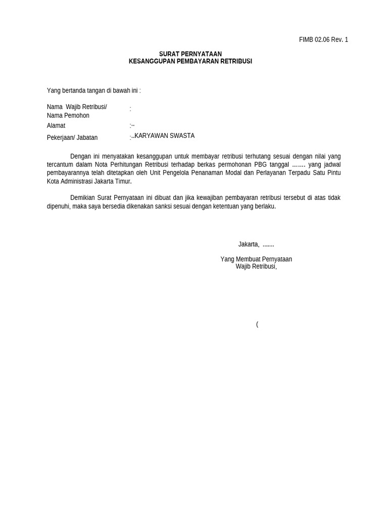 Surat Pernyataan Kesanggupan Bayar RETRIBUSI PBG | PDF