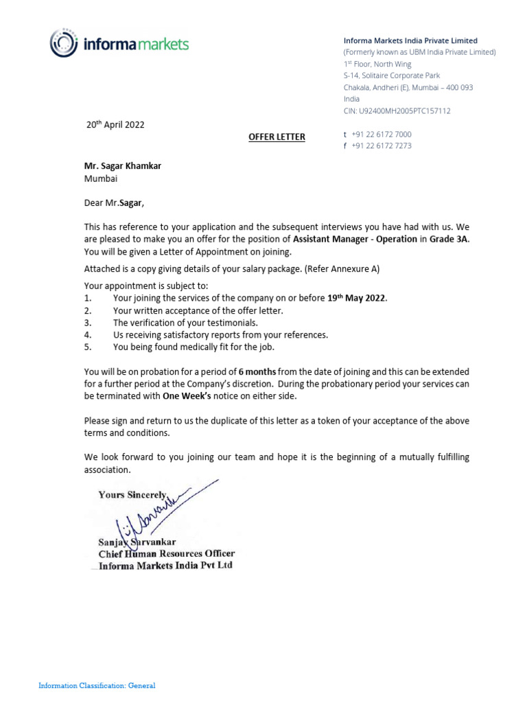 Offer Letter - Sagar Khamkar | PDF | Business