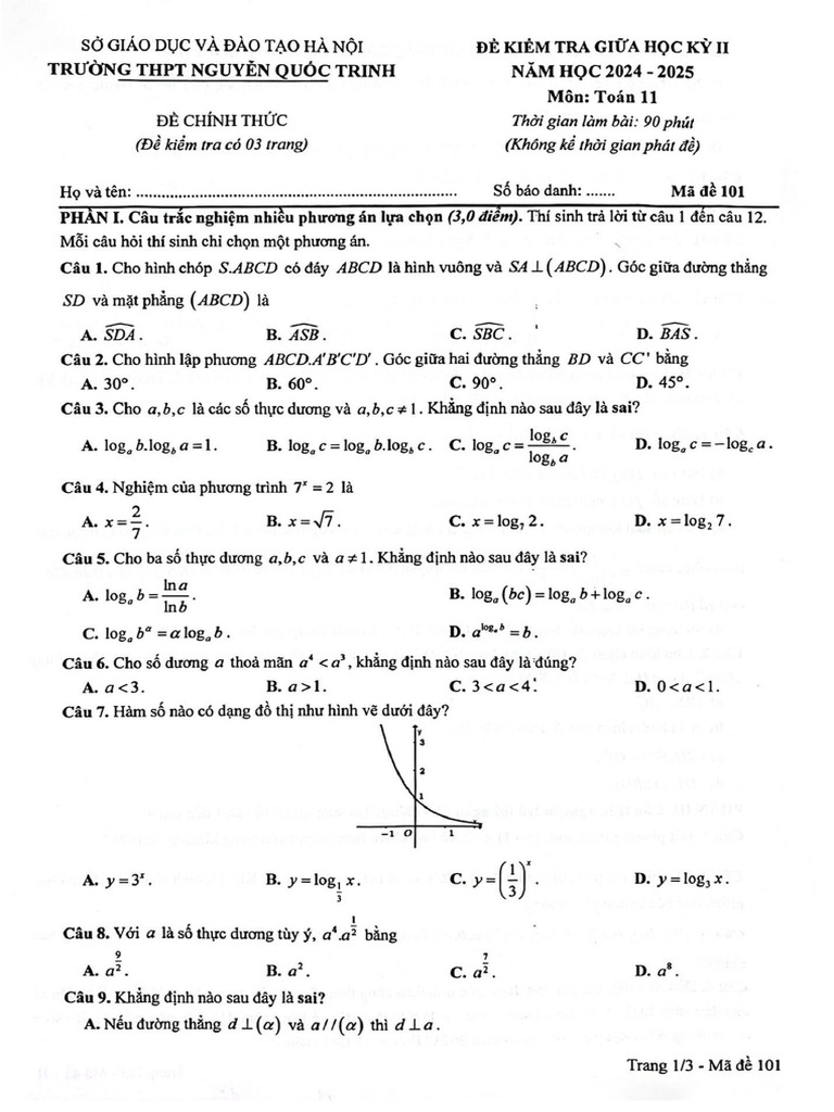 De Giua Ky 2 Toan 11 Nam 2024 2025 Truong Thpt Nguyen Quoc Trinh Ha Noi | PDF