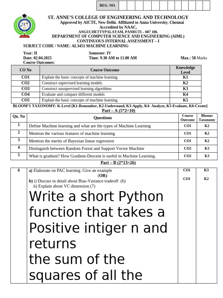 Al3451 Machine Learning Cia-I Question Paper | PDF | Machine Learning ...