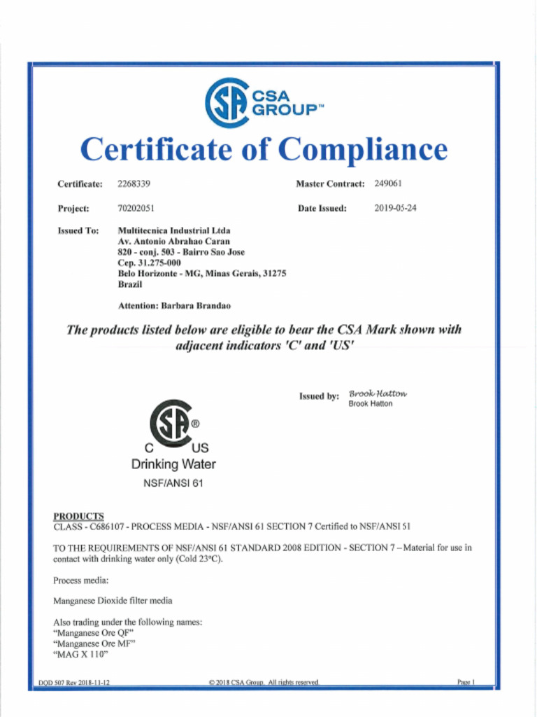 CAS FILTRATION - CSA NSF ANSI61 Certificate | PDF