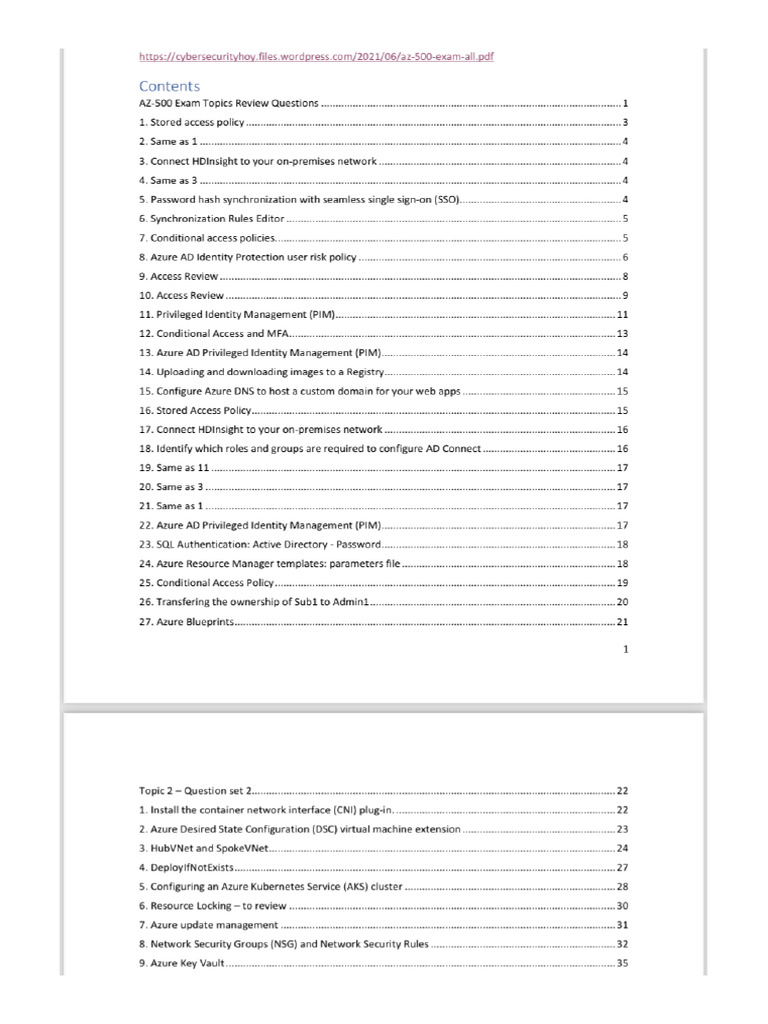 Exam Topics Table of Content For Az 500 | PDF