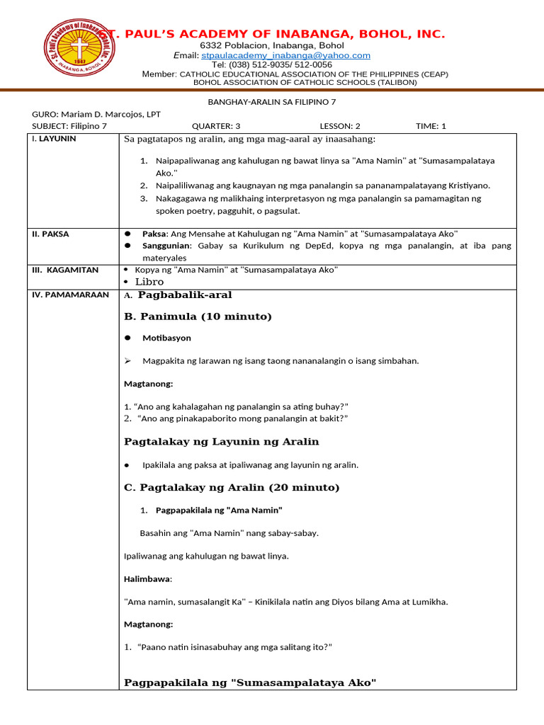 Lesson Plan Week 2 Quarter 3 | PDF