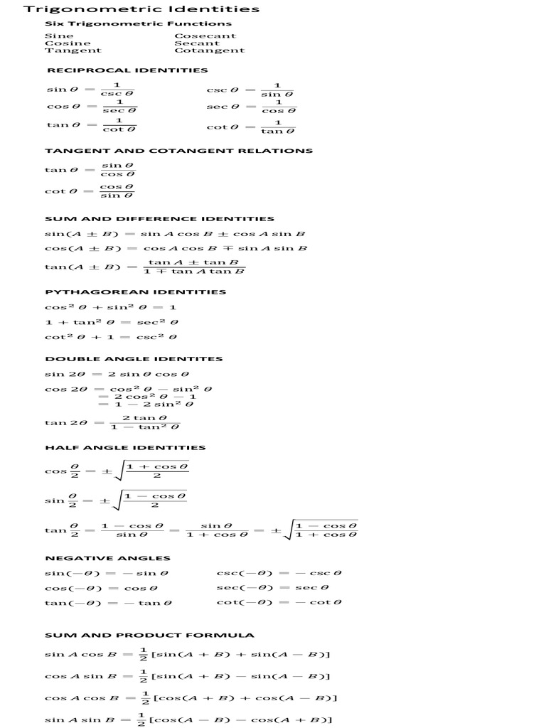 Trigonometric Identities (Formula) | PDF