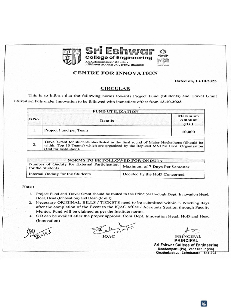 Innovation Circular - Fund and ONDUTY Norms | PDF