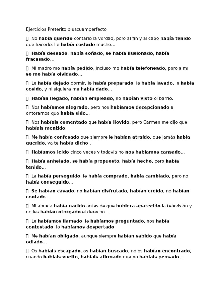 Ejercicios Preterito Pluscuamperfecto | PDF