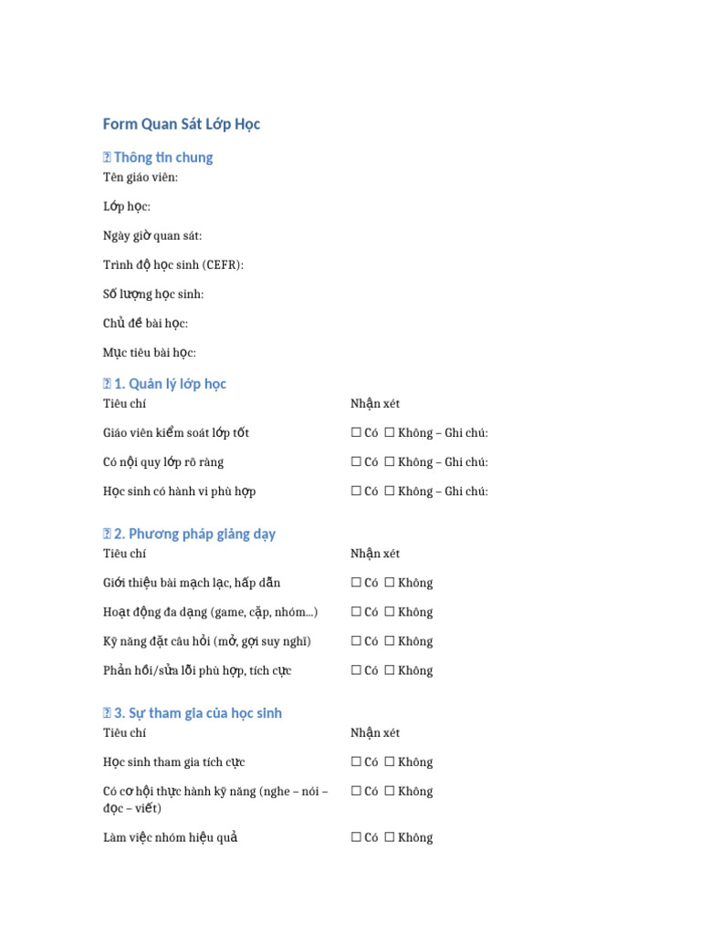 Form Quan Sat Lop Hoc | PDF