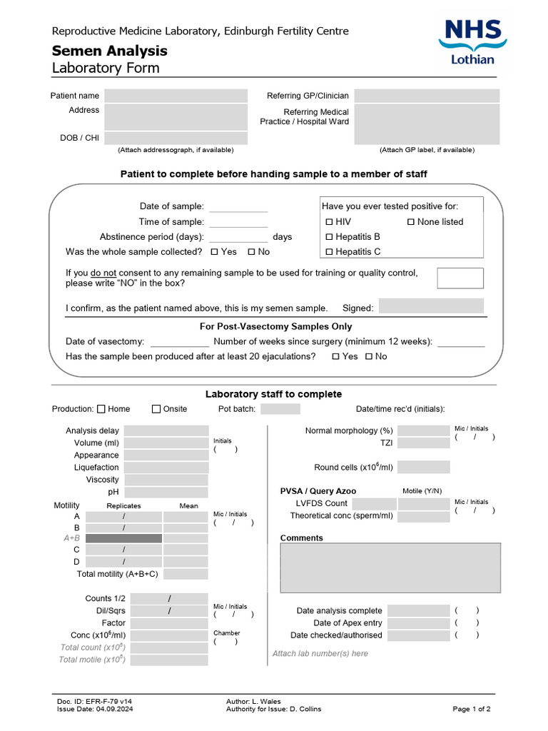 Semen Analysis Laboratory Form v14 | PDF | Sexual Reproduction | Male ...