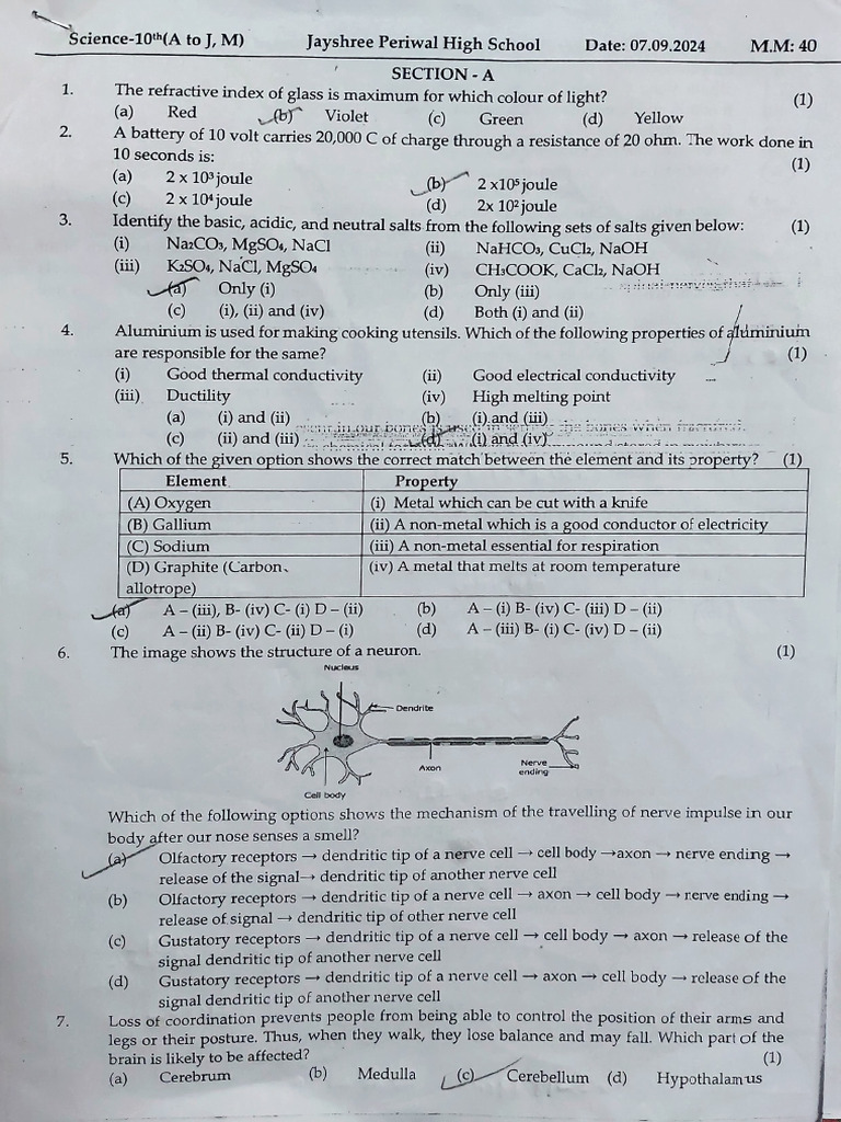 Science Pre Board Paper | PDF | Neuron | Nerve
