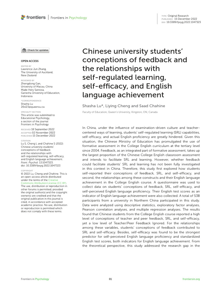 Chinese University Students' Conceptions of Feedback and The ...