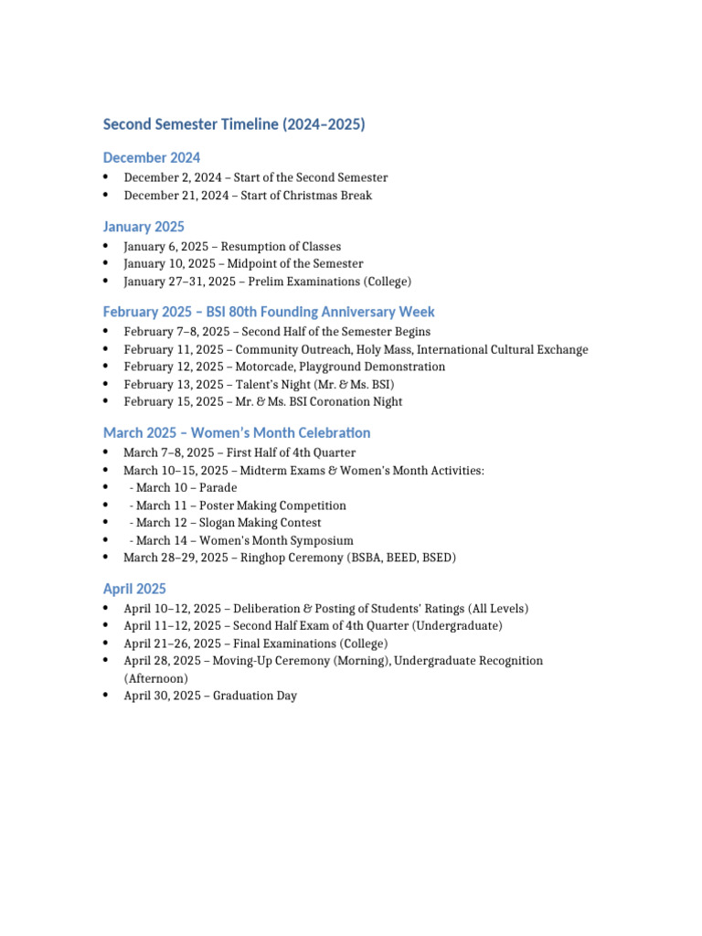 Second Semester Timeline 2024-2025 | PDF