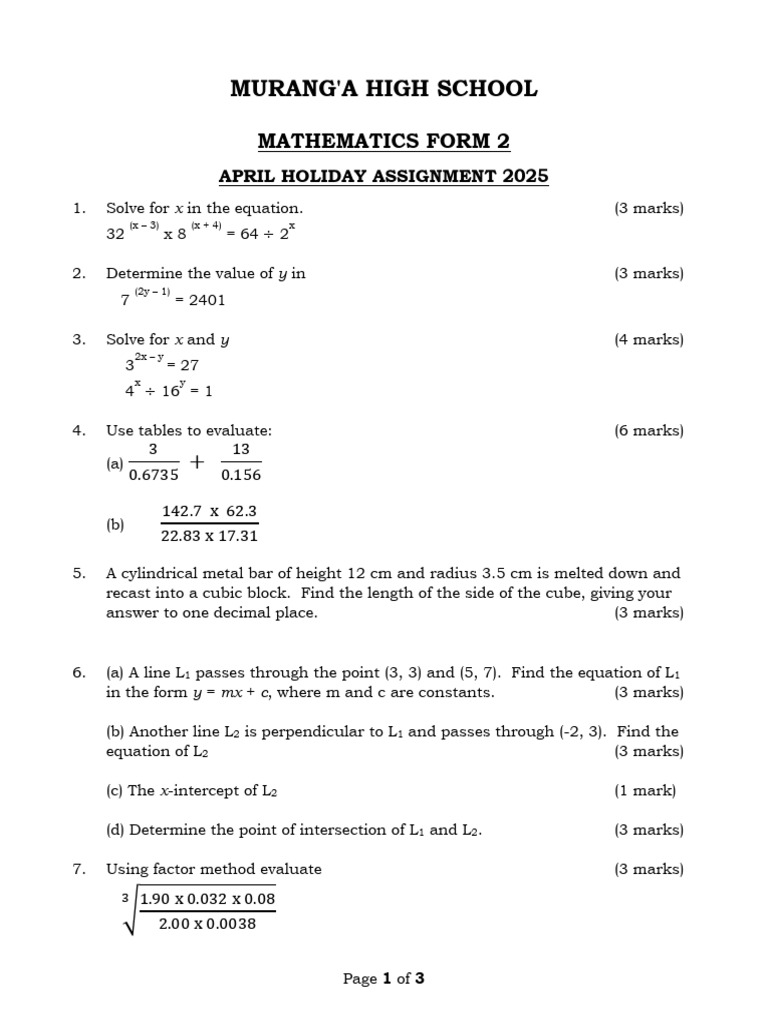 Murang'A High School: Mathematics Form 2 | PDF | Slope | Geometry
