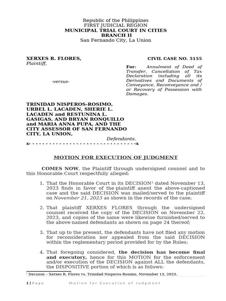 Motion For Execution of Judgement Xerxes Flores VS Trinidad Nisperos Rosimo Et Al | PDF ...