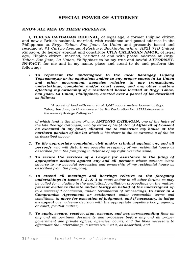 Spa Teresa Catbagan Ribunal To Cita Catbagan Amor | PDF | Power Of Attorney | Judiciaries