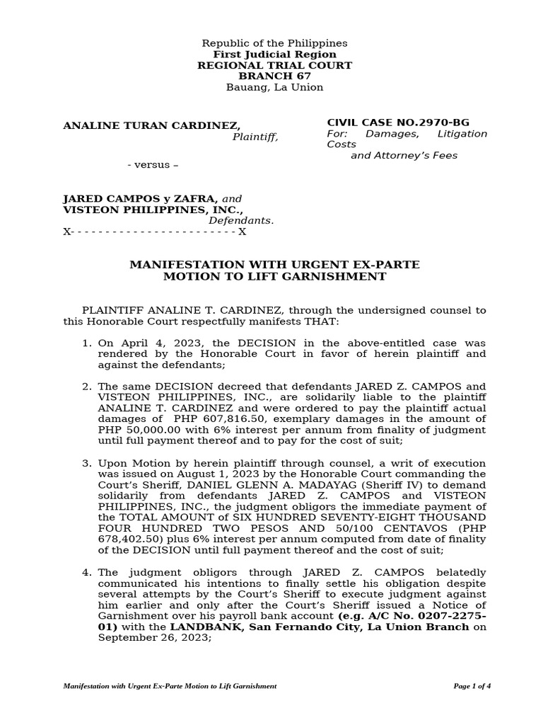 Urgent Ex-Parte Motion To Lift Garnishment Re Cardinez VS Zafra Case ...