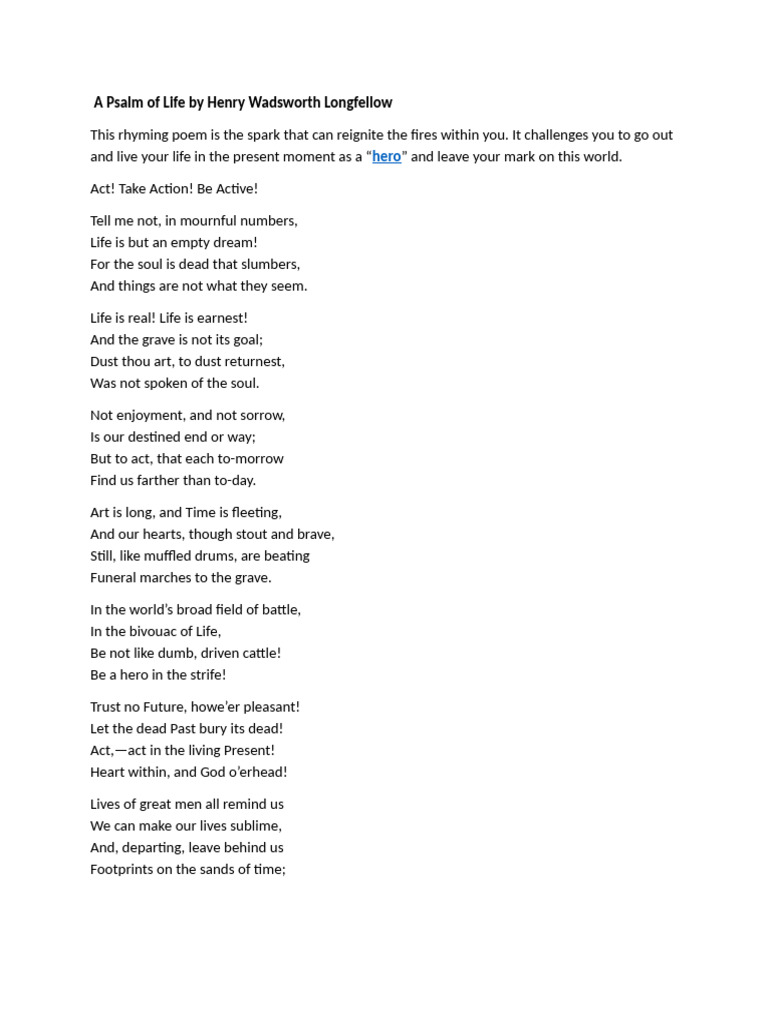 A Psalm of Life by Henry Wadsworth Longfellow | PDF