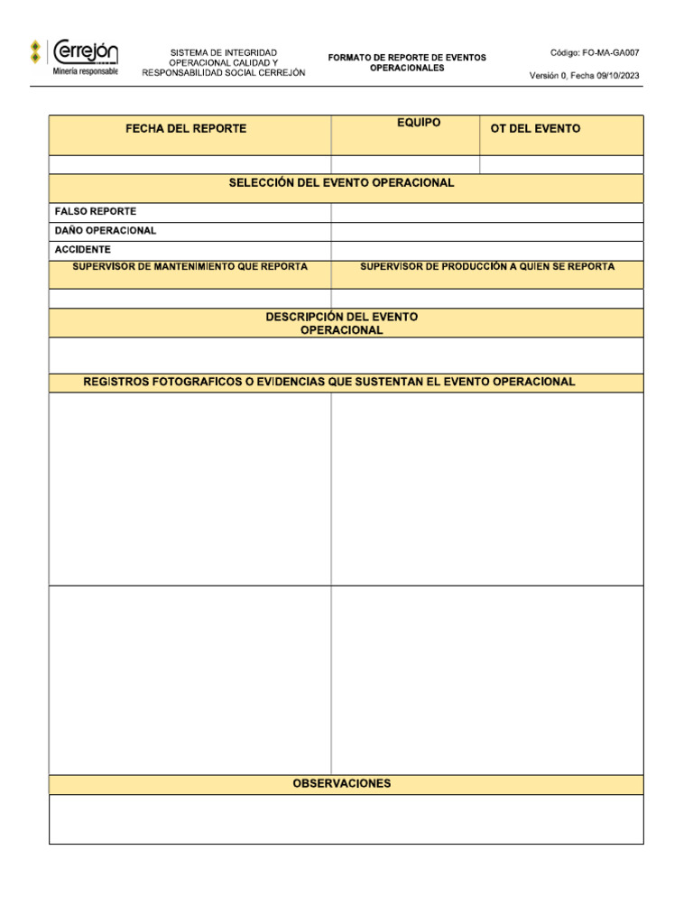 FO-MA-GA007 - Formato Eventos Operacionales | PDF
